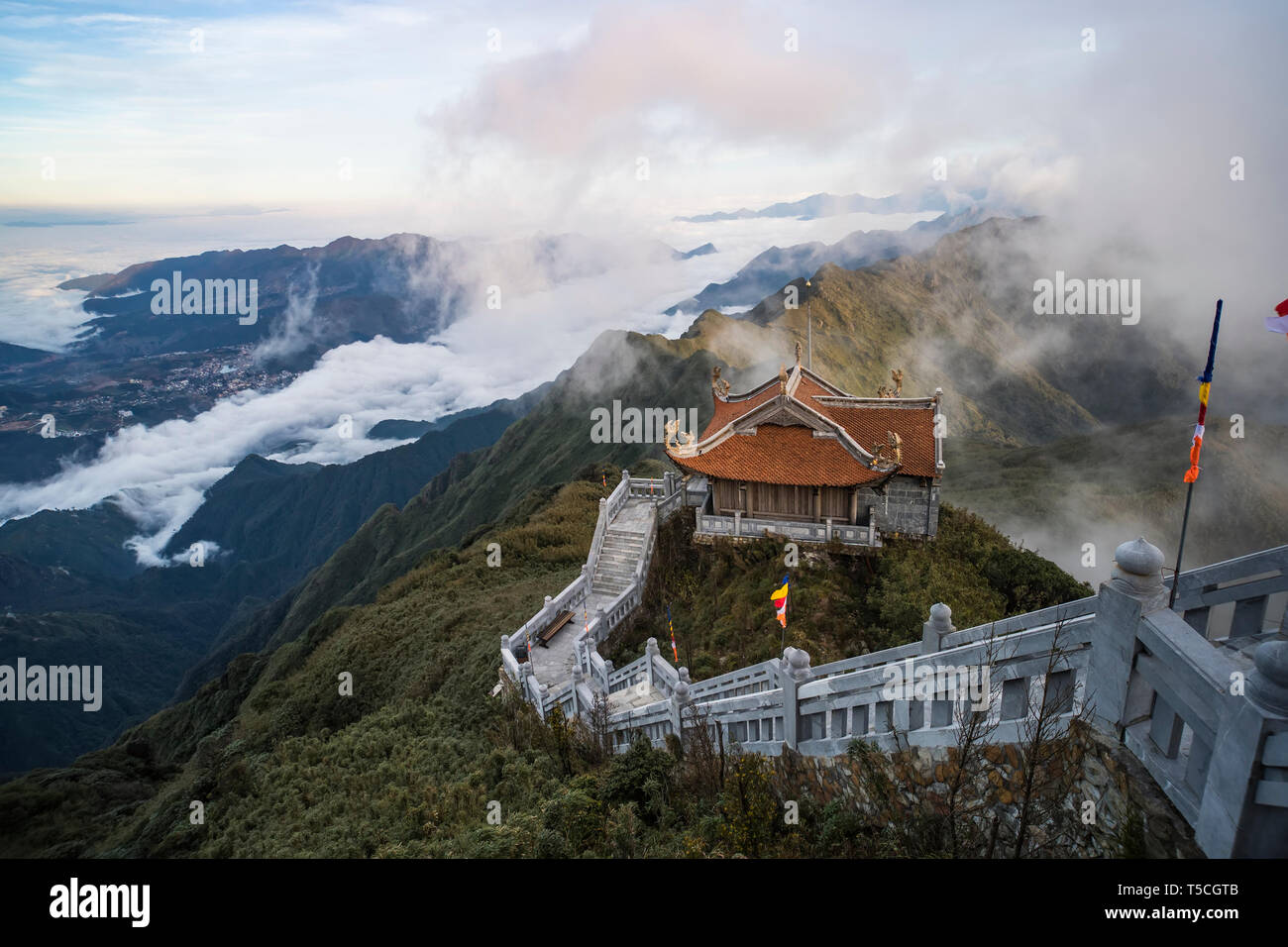Beautiful view from Fansipan mountain with a Buddhistic temple. SaPa ...