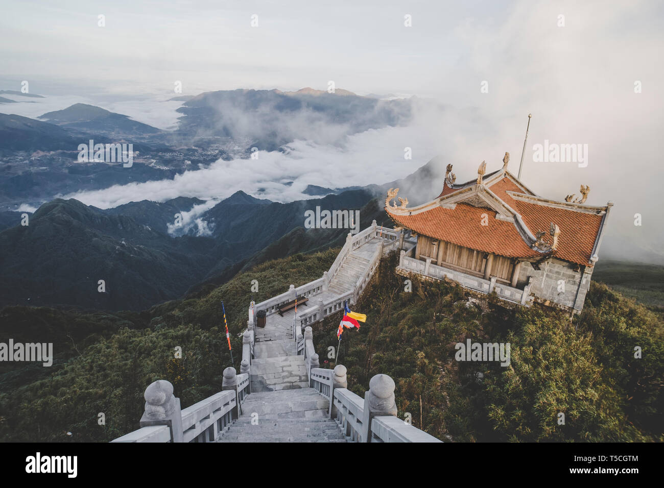 Beautiful view from Fansipan mountain with a Buddhistic temple. SaPa ...