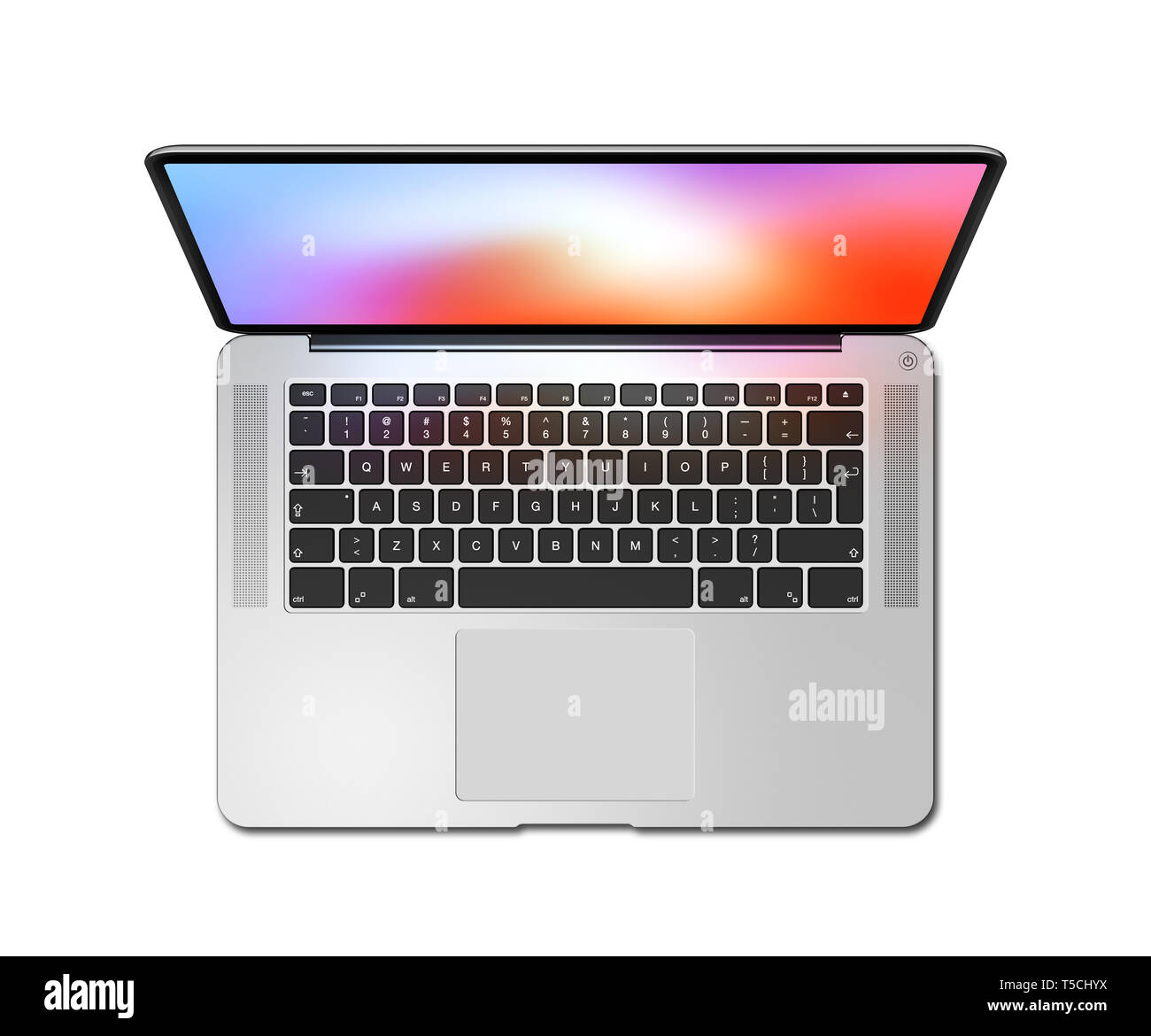 Open laptop top view with colorful screen, isolated on white. 3D render ...