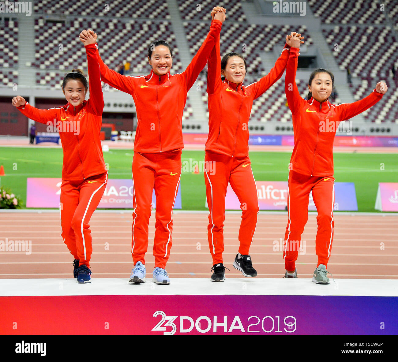 Doha, Qatar. 23rd Apr, 2019. (From L to R) Gold medalists China's Liang Xiaojing, Wei Yongli ...