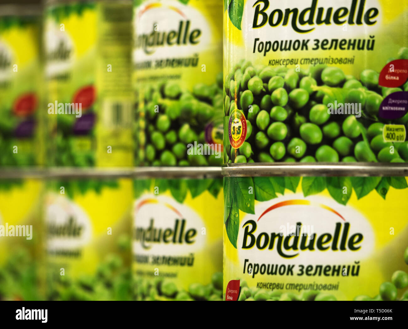 April 23, 2019 - Kiev, Ukraine - Cans with green peas Bonduelle seen on ...