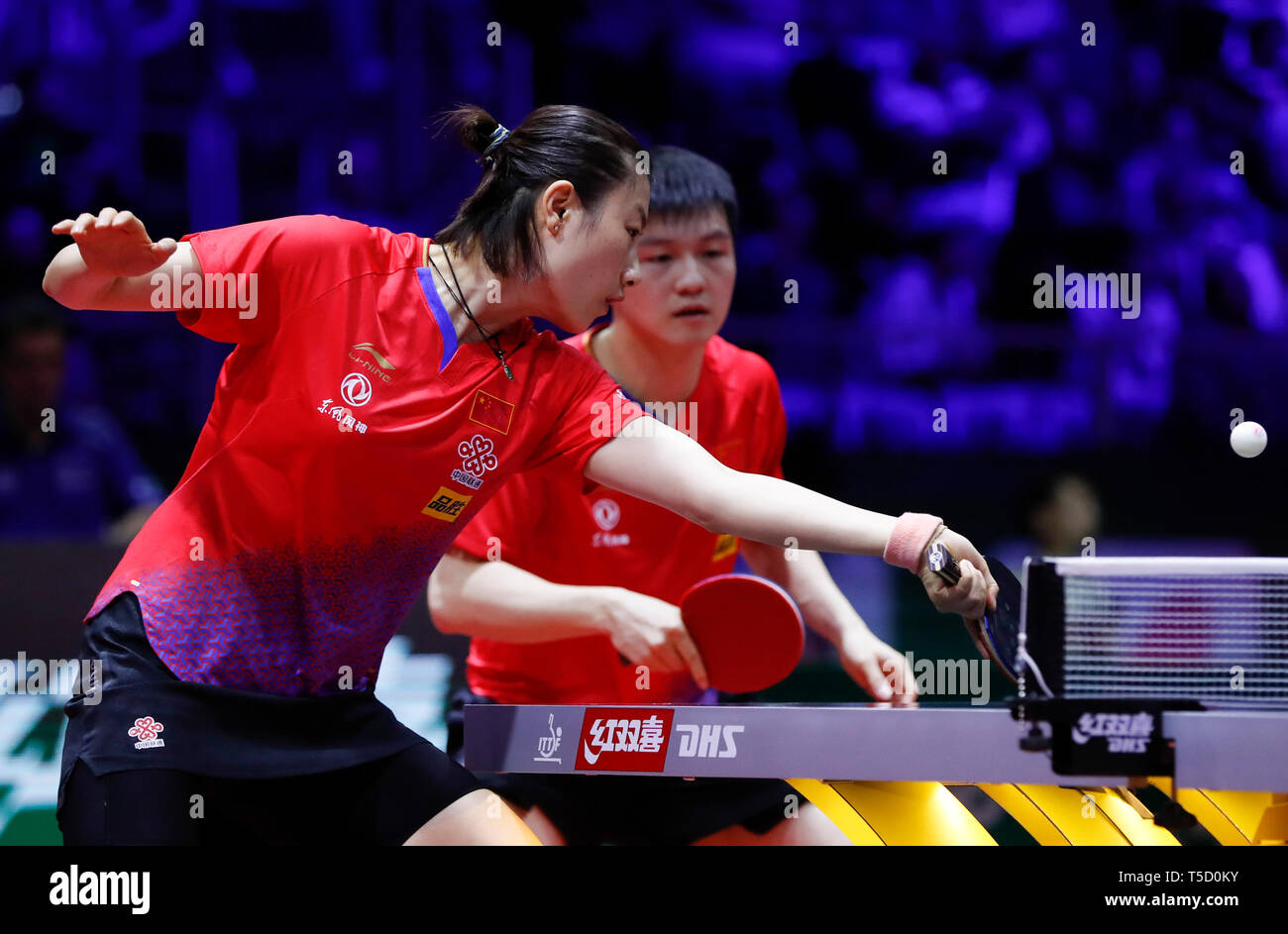 Budapest. 24th Apr, 2019. Fan Zhendong/Ding Ning (L) of China compete ...