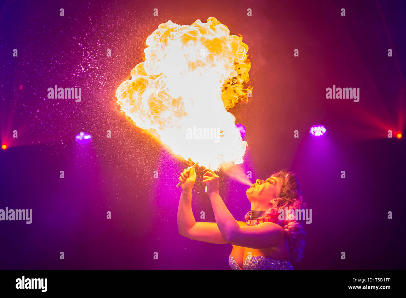 London, UK. 24 April 2019. Kitty Bang Bang (fire breathing bearded lady ...