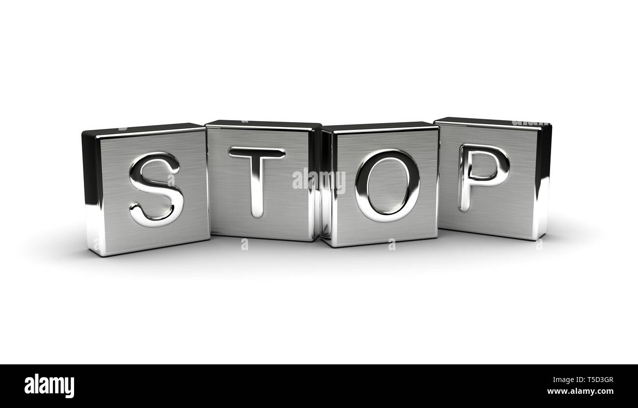 Stop Text on Metal Block (Isolated on white background Stock Photo - Alamy