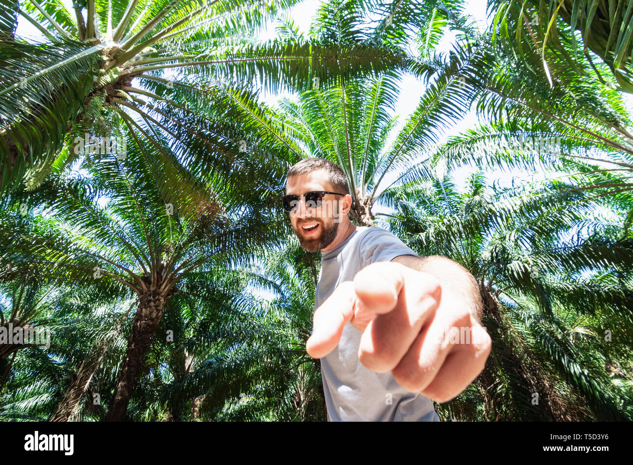 Bearded smiling man with glasses standing in the palm tree forest and ...