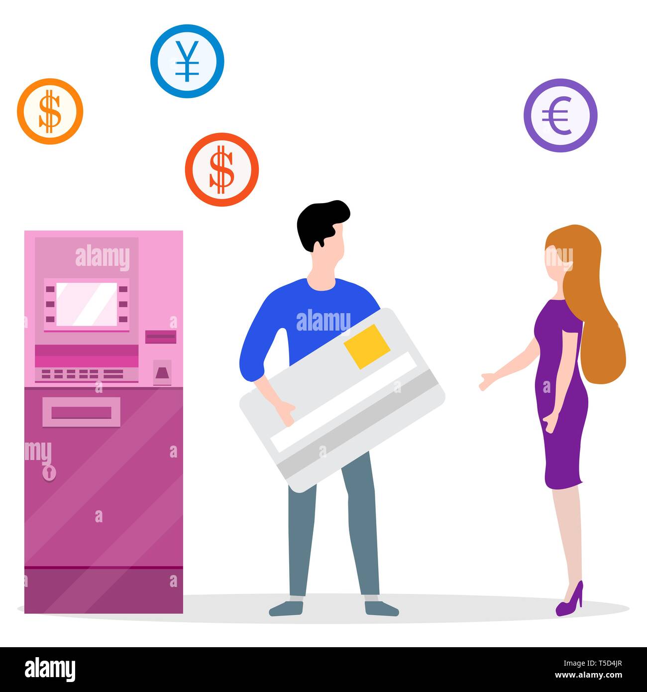 Vector illustration with people near ATM. Man with bank card, female ...