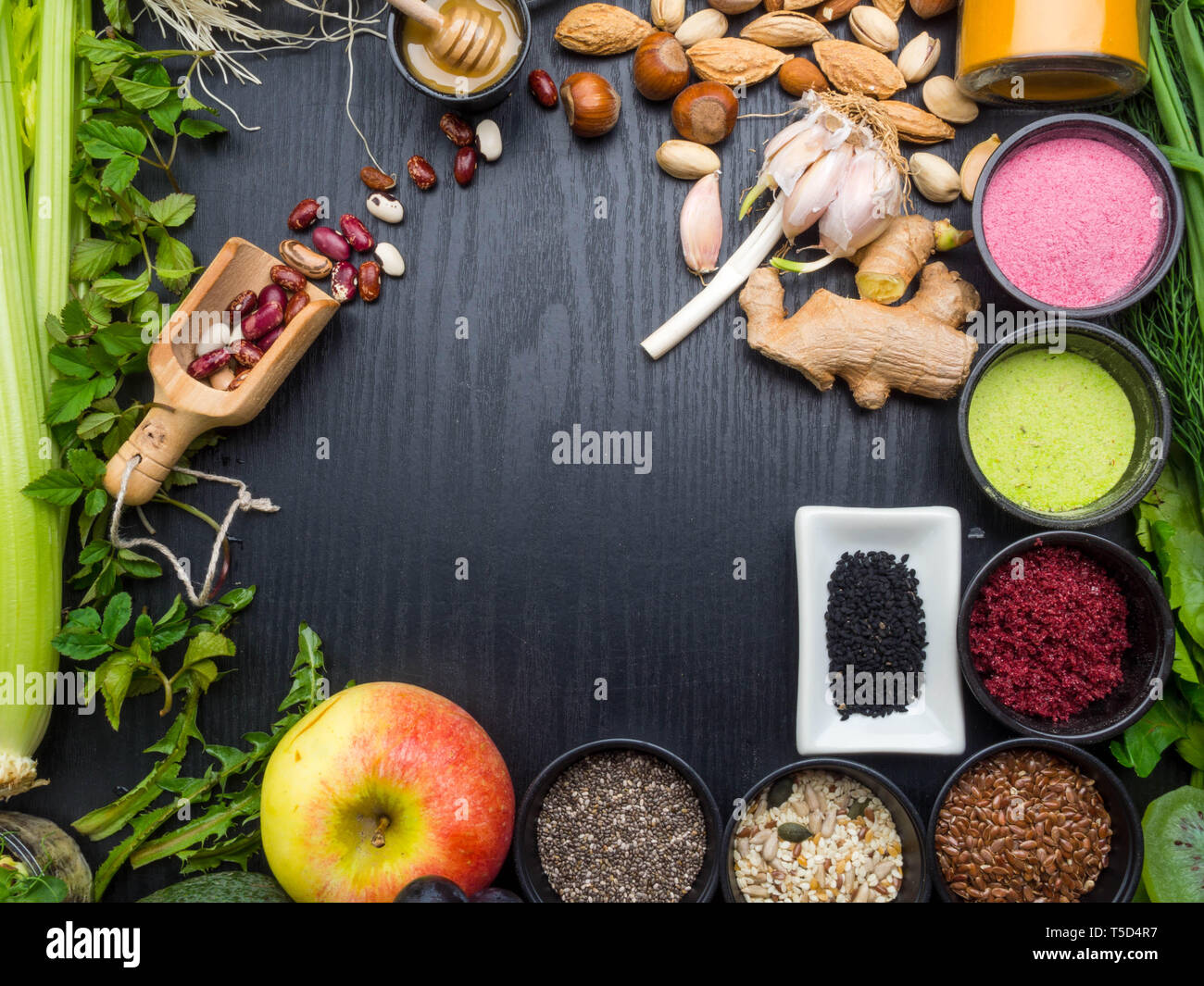 background of super foods on wooden table Stock Photo - Alamy