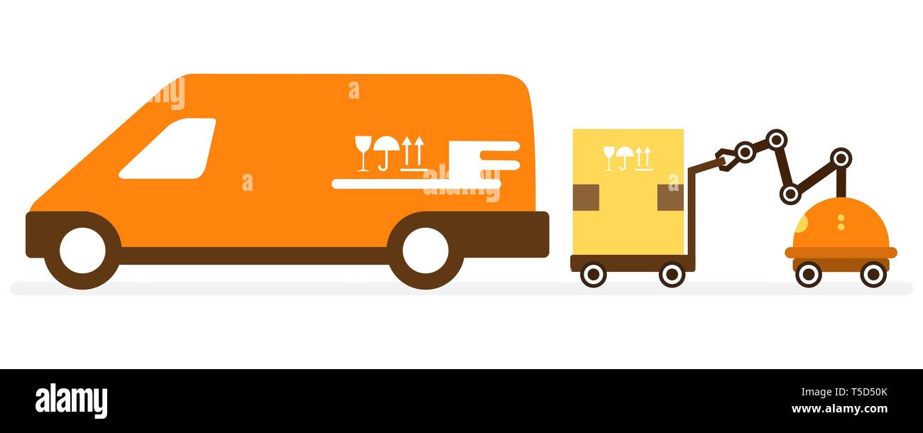 Vector illustration with robot loader loads boxes into a car ...