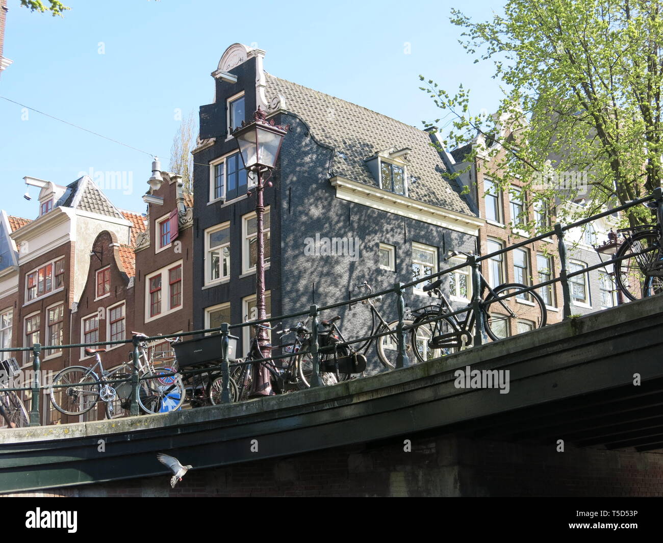 A typical Dutch scene in Amsterdam with bicycles parked along the ...
