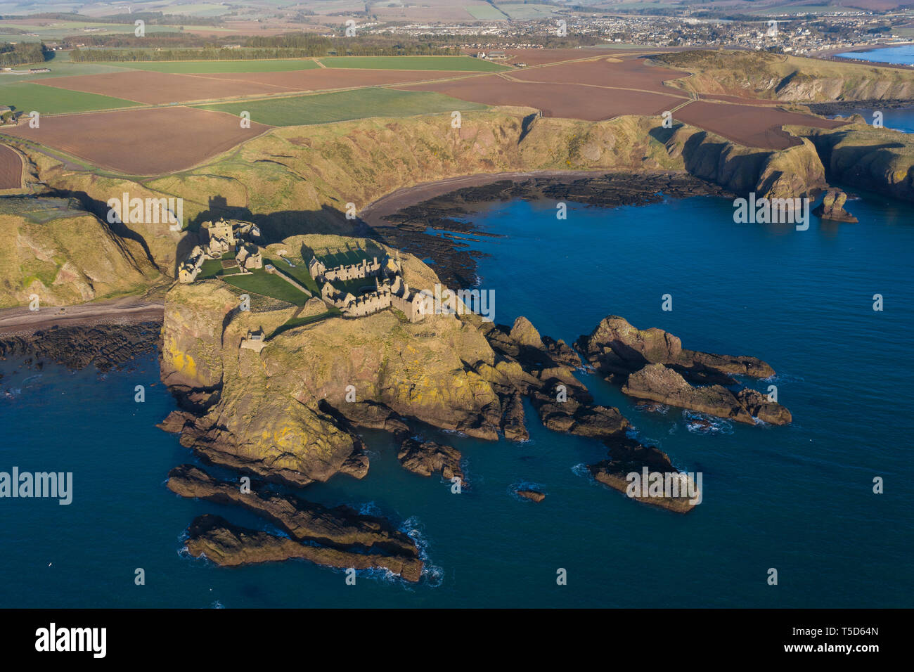 Aerial view of Dunnottar Castle a ruined medieval fortress located upon ...