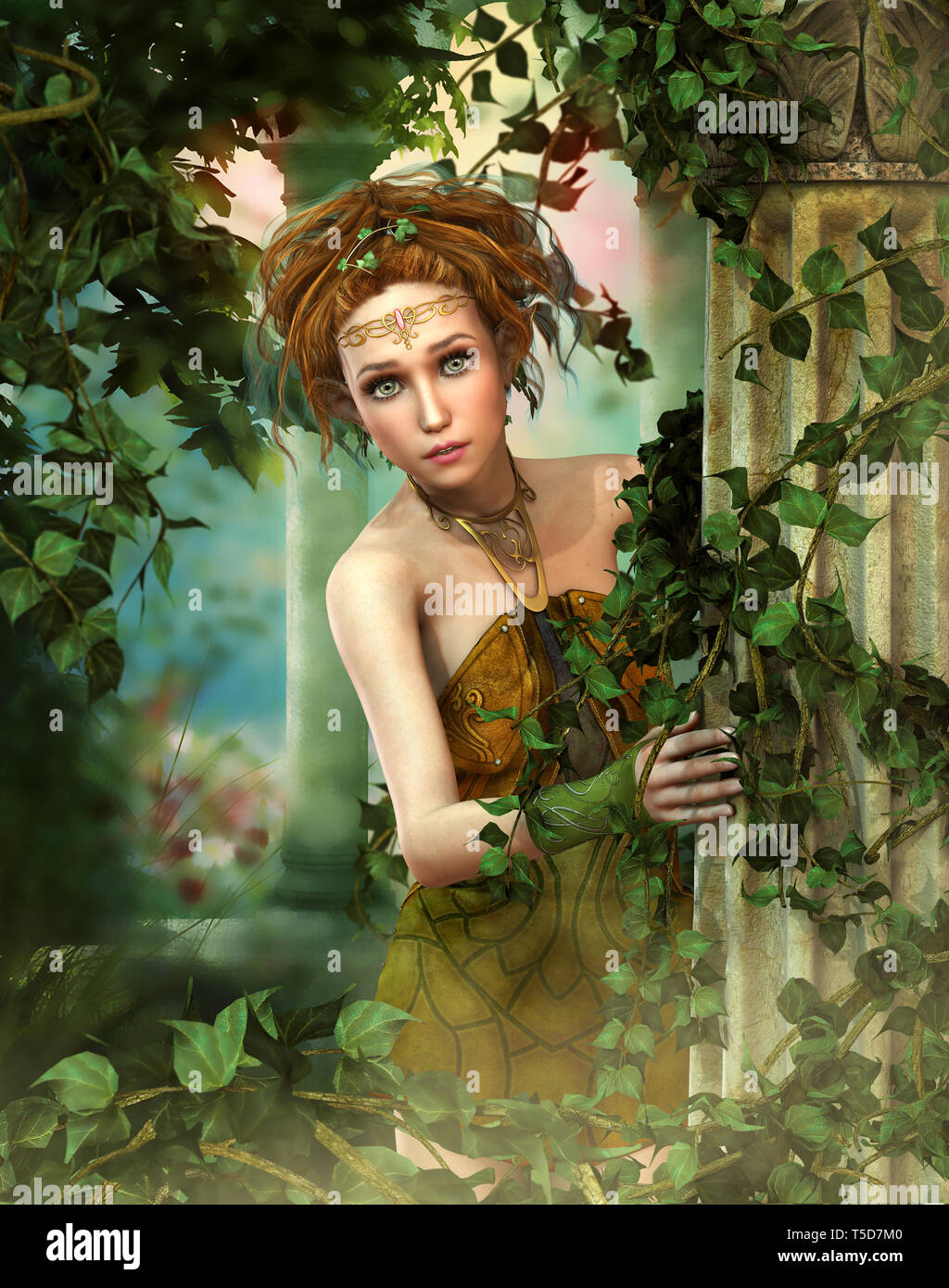 3D computer graphics of a cute fairy peeking out from behind a pillar ...