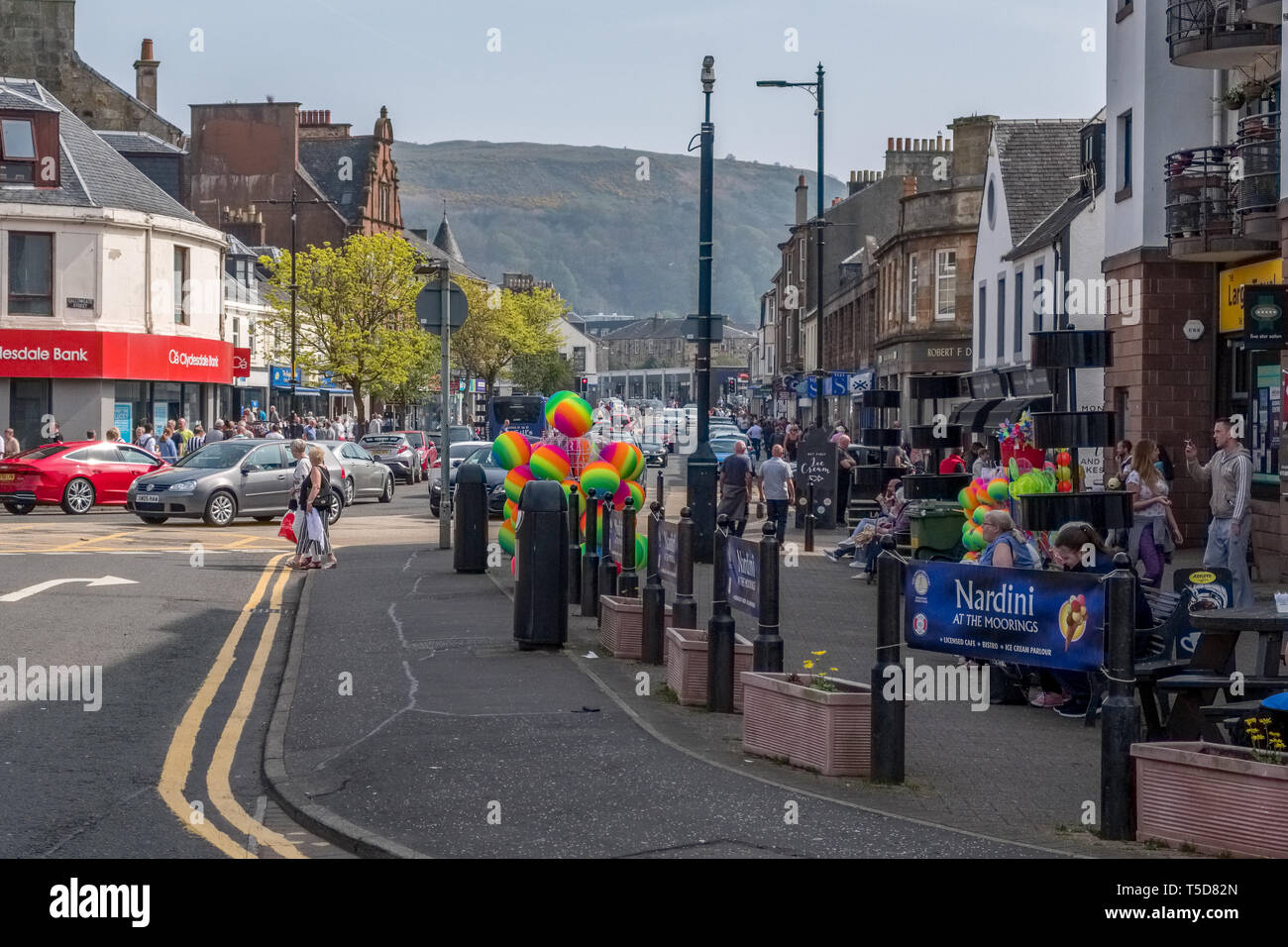 Largs, Scotland, UK - April 20, 2019: The busy town of Largs with heavy ...