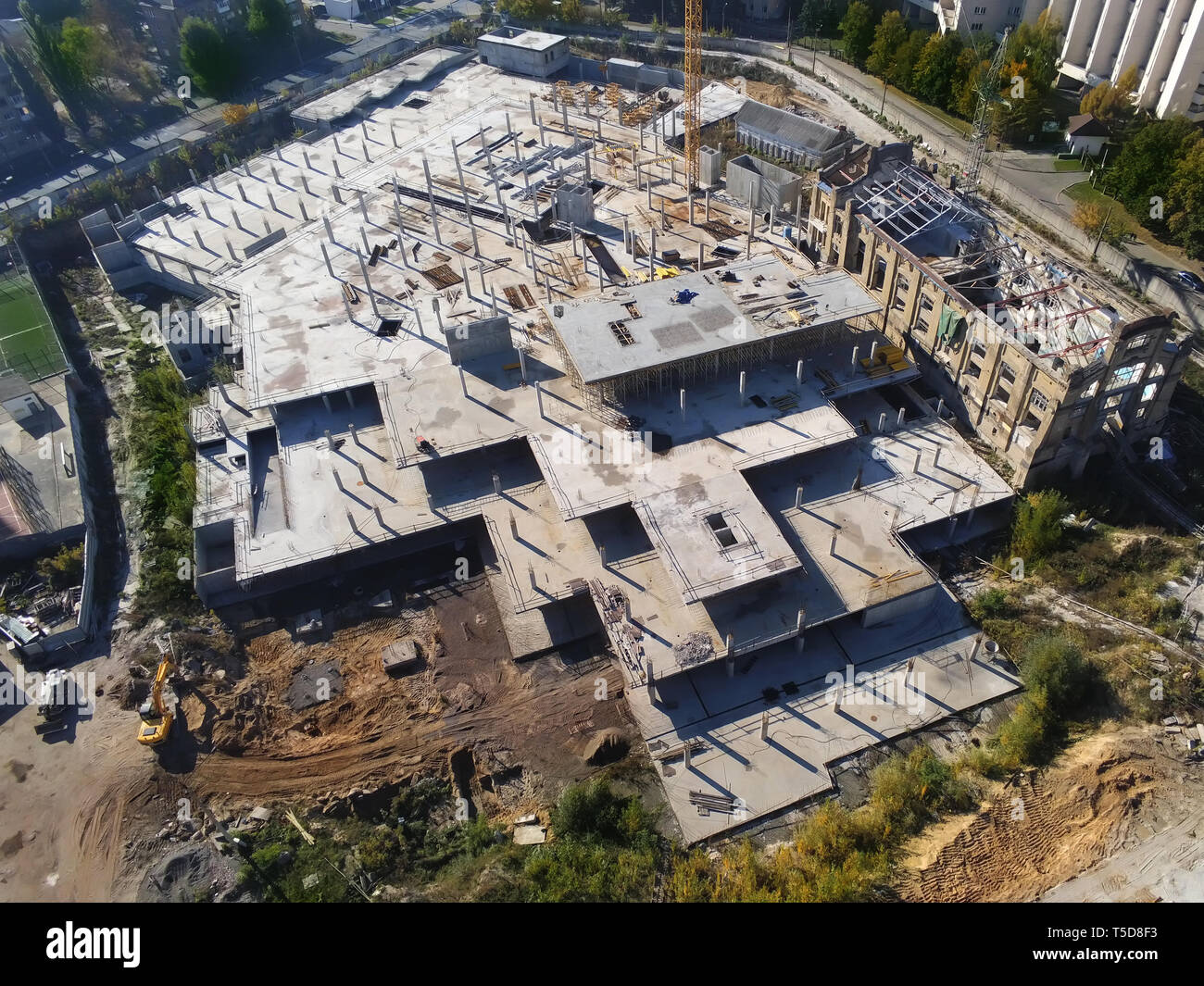Construction site aerial view. Mall building base with solid concrete ...