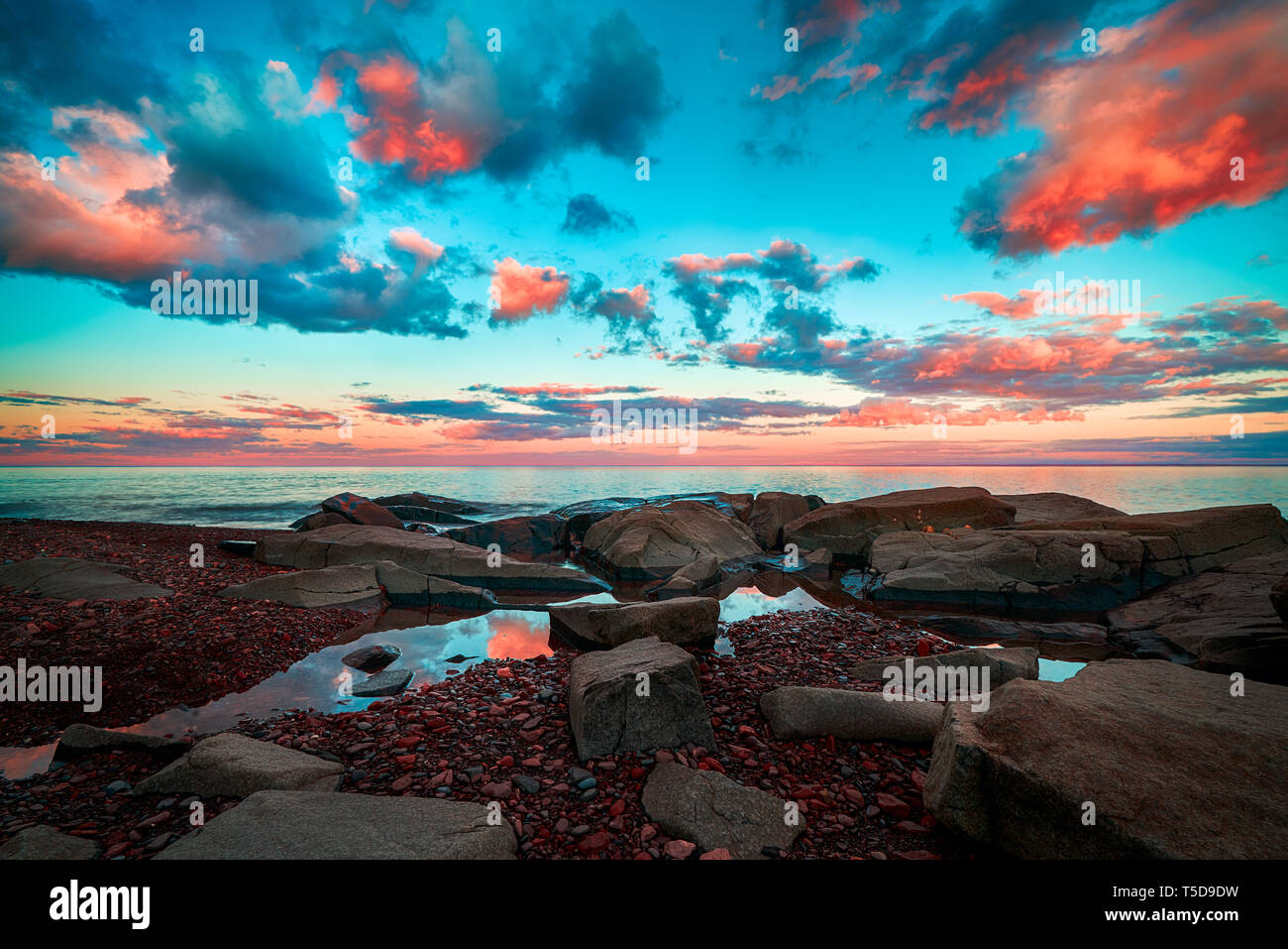 Beautiful Sunset Clouds over Lake Horizon with reflections Stock Photo ...