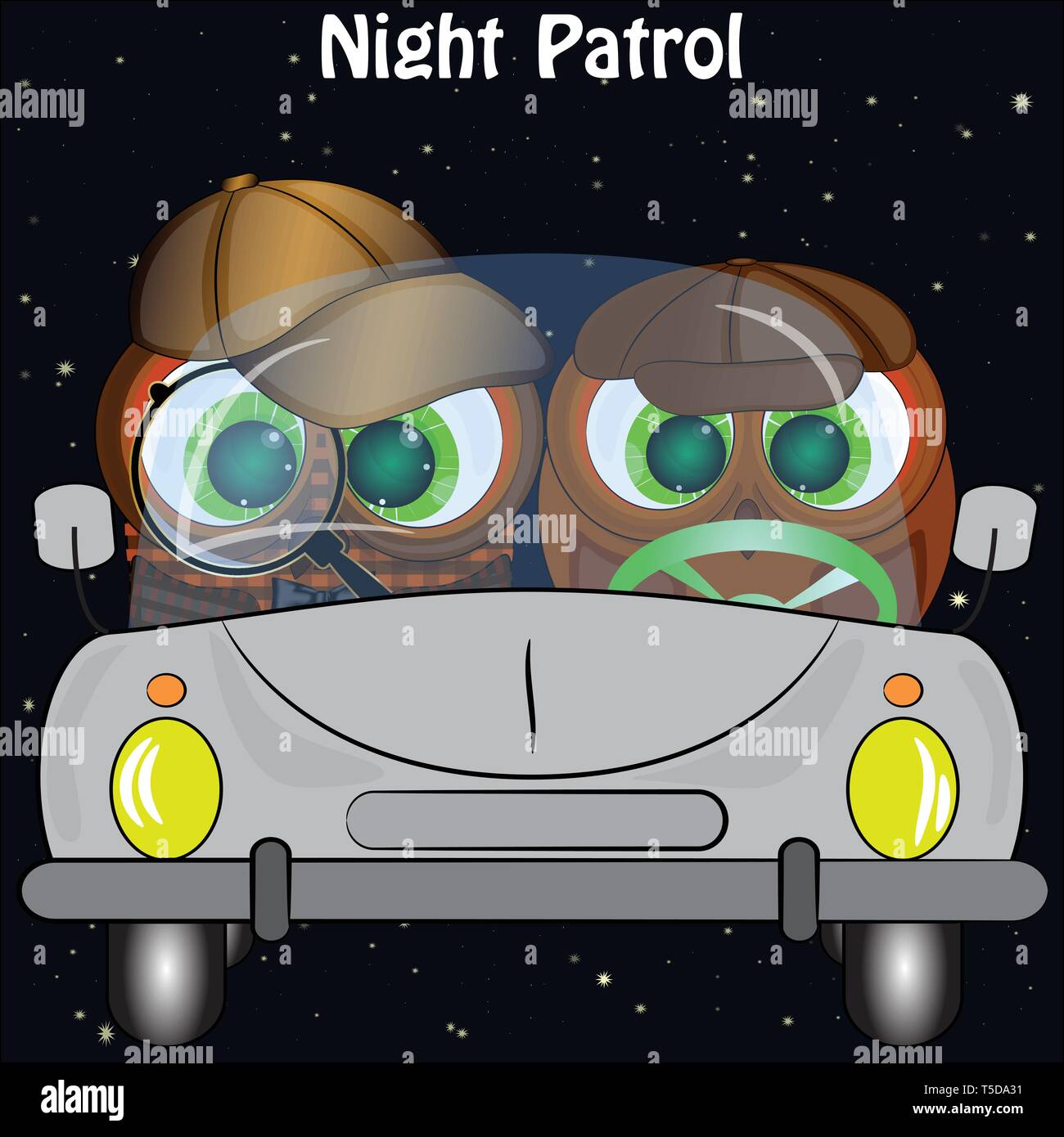 two owls in the car. night patrol. owl detective. cartoon vector ...