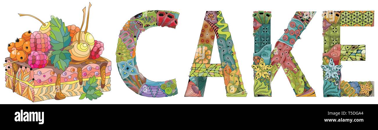 Hand-painted art design. Hand drawn illustration word CAKE with piece ...