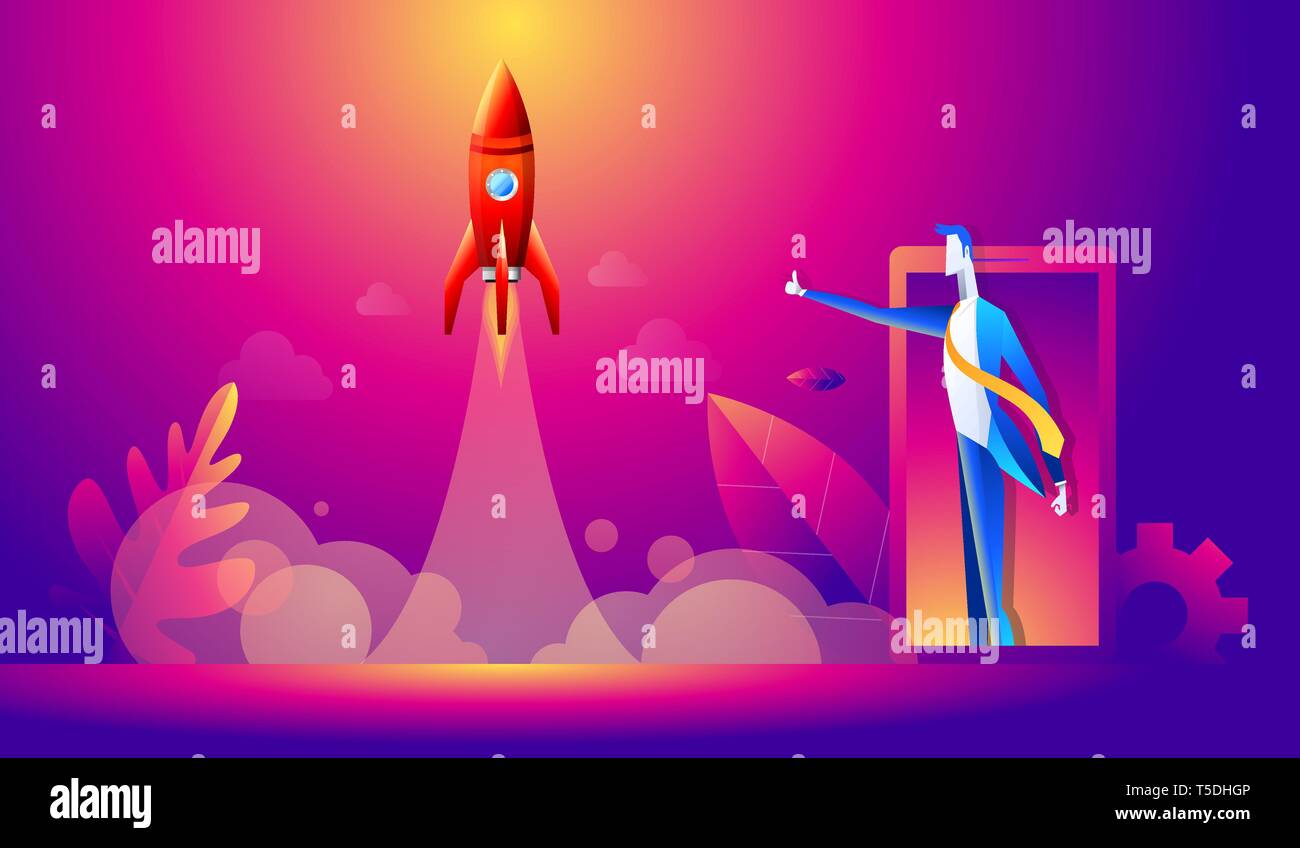 Concept of startup. Cartoon happy business people thumb up for rocket ...