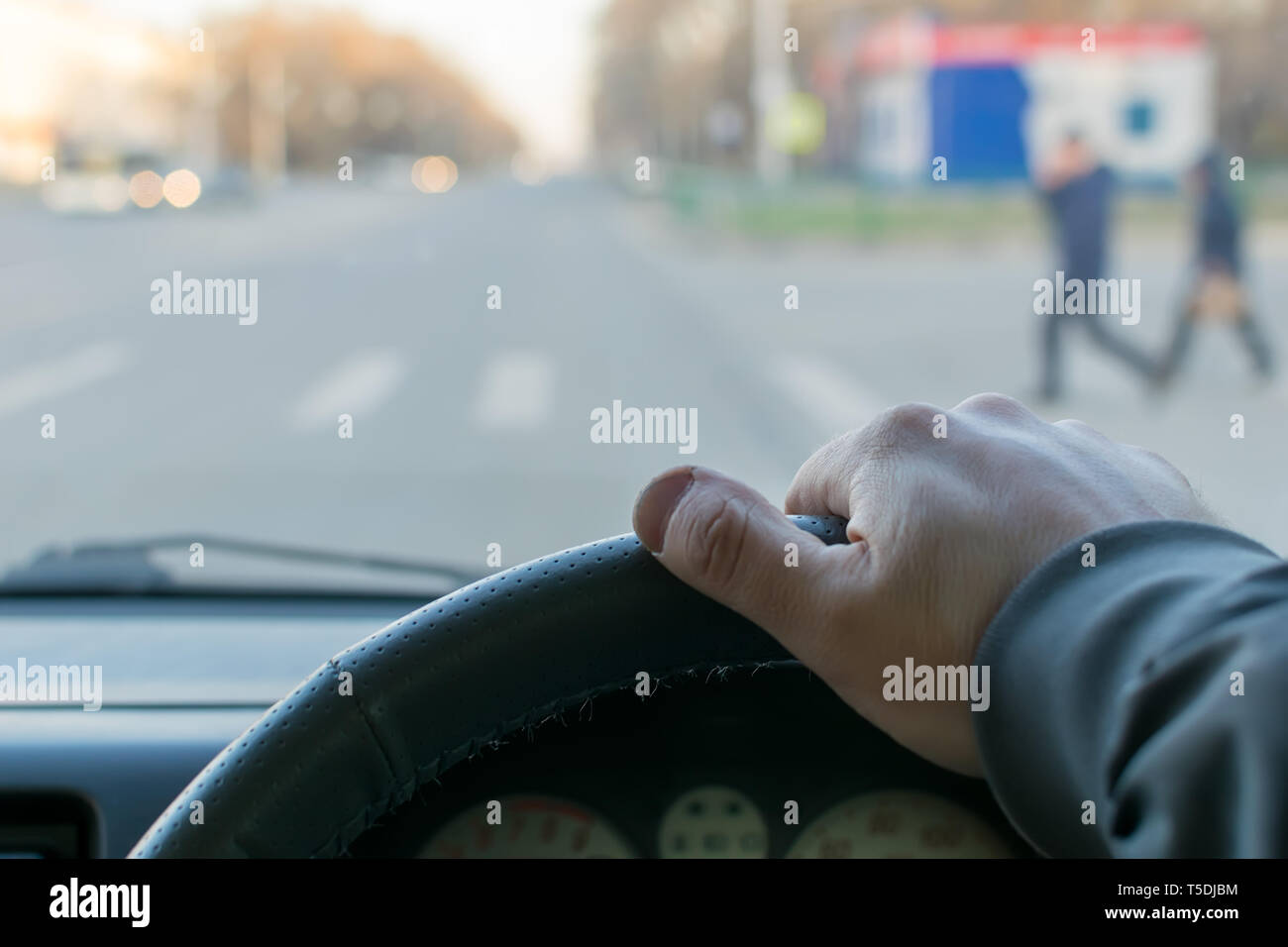 view from the car, the man's hand on the steering wheel of the car ...