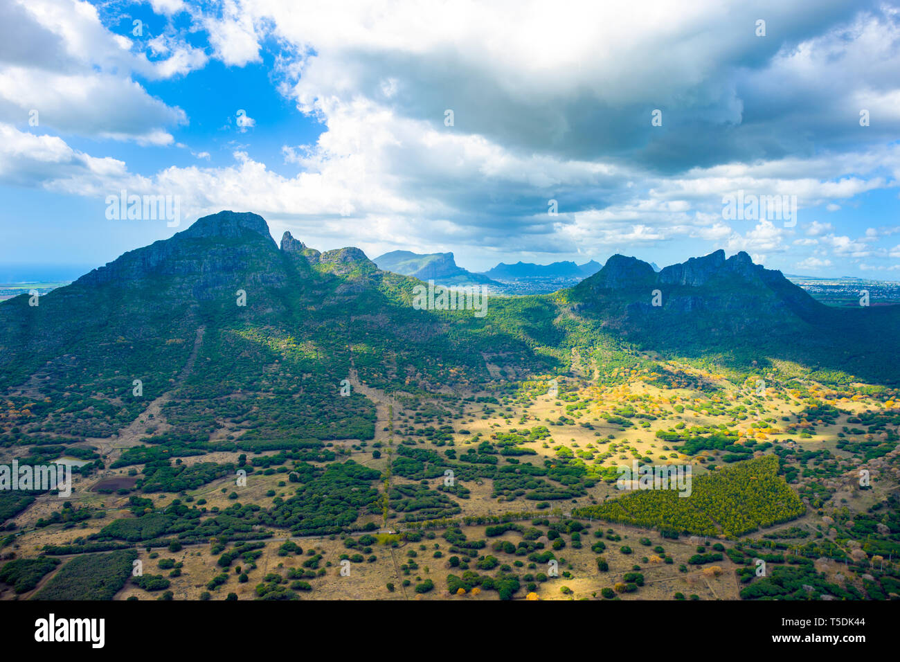 Aerial view of Mauritius island panoramic landscape with green fields ...