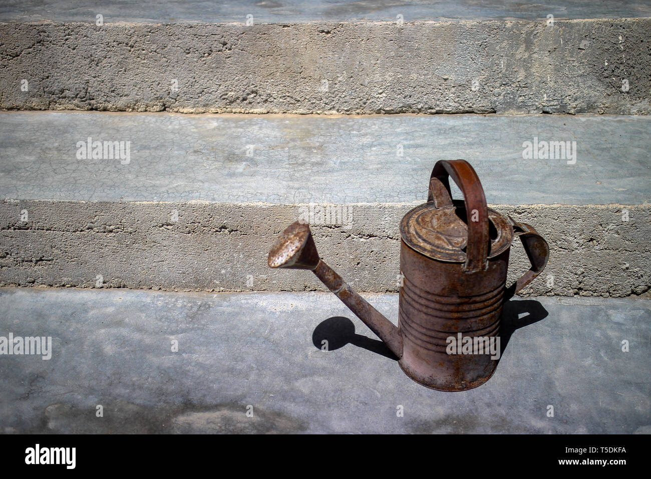 old and rusted flowerpot watering can isolated Stock Photo - Alamy
