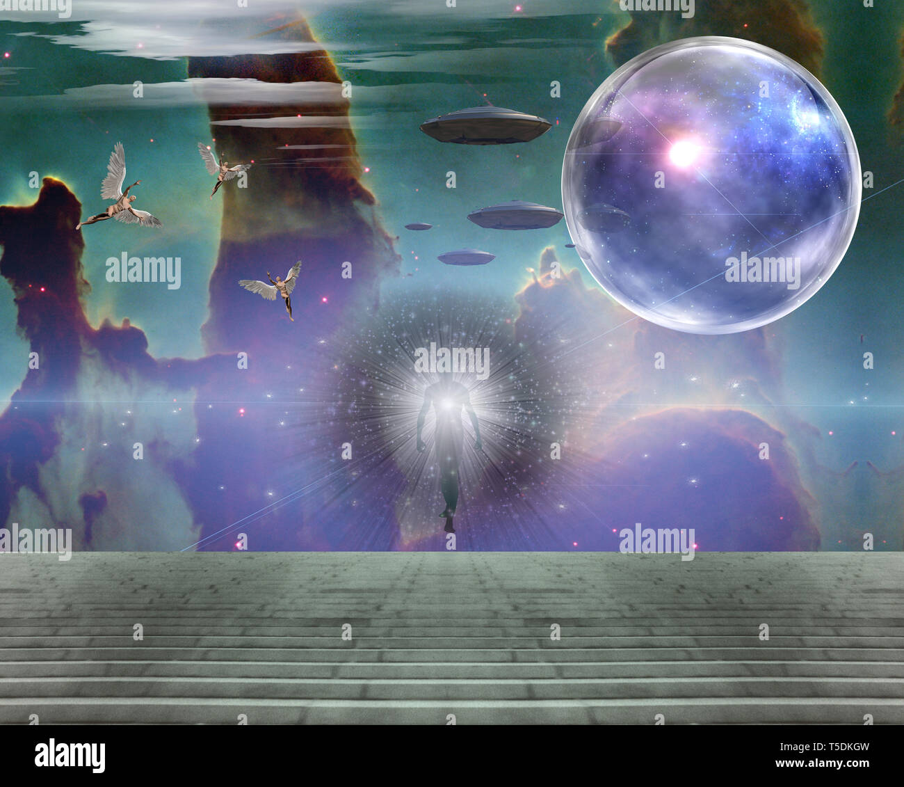Surreal landscape. Shining human spirit. Spacecrafts and angels in ...