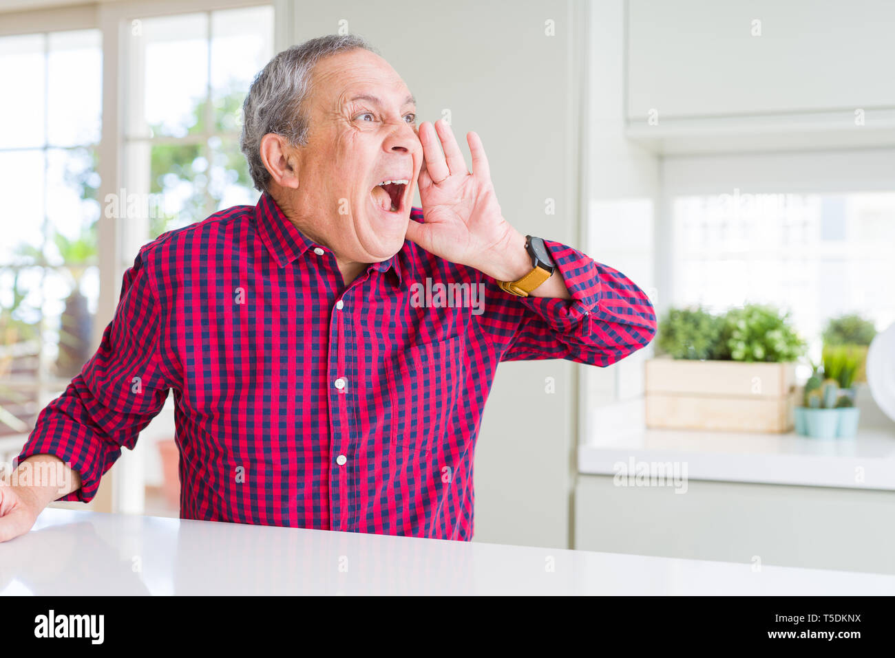Handsome senior man at home shouting and screaming loud to side with ...
