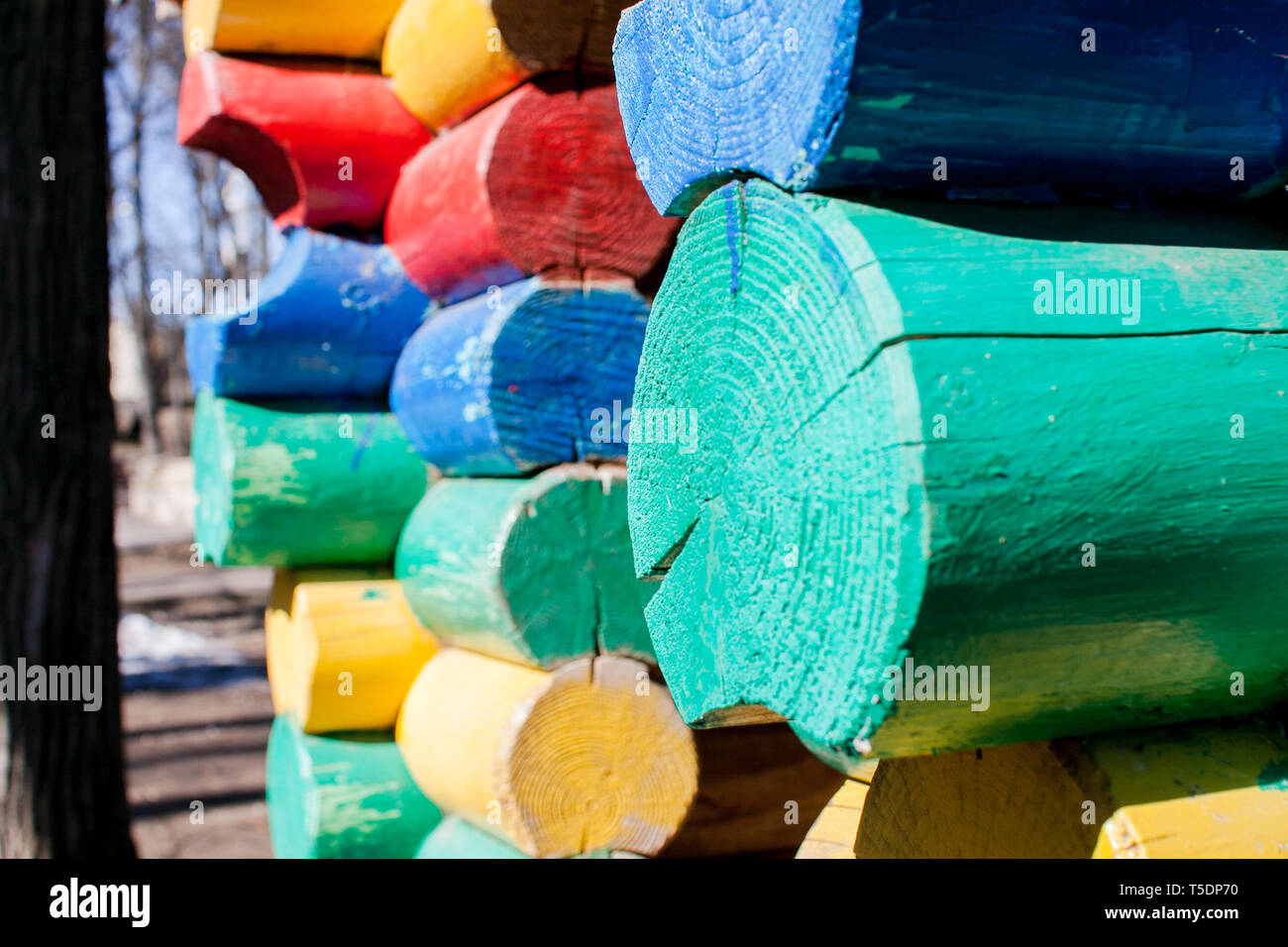 Constructions of wooden multicolored trees on the playground Stock ...