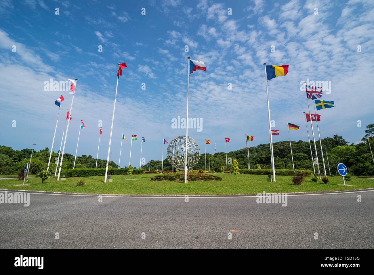 International flags, European space center, Kourou, French Guiana Stock ...