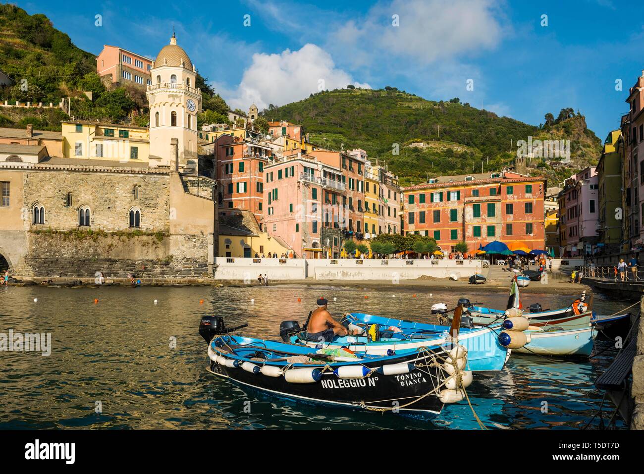 Town view, village with colourful houses and fishing boats on the coast ...