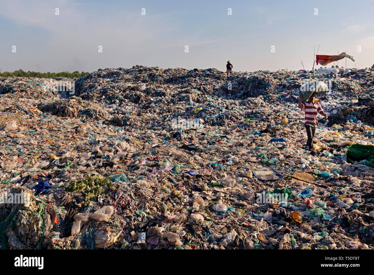 Garbage collector in garbage dump with plastic garbage, Choeung Ek ...