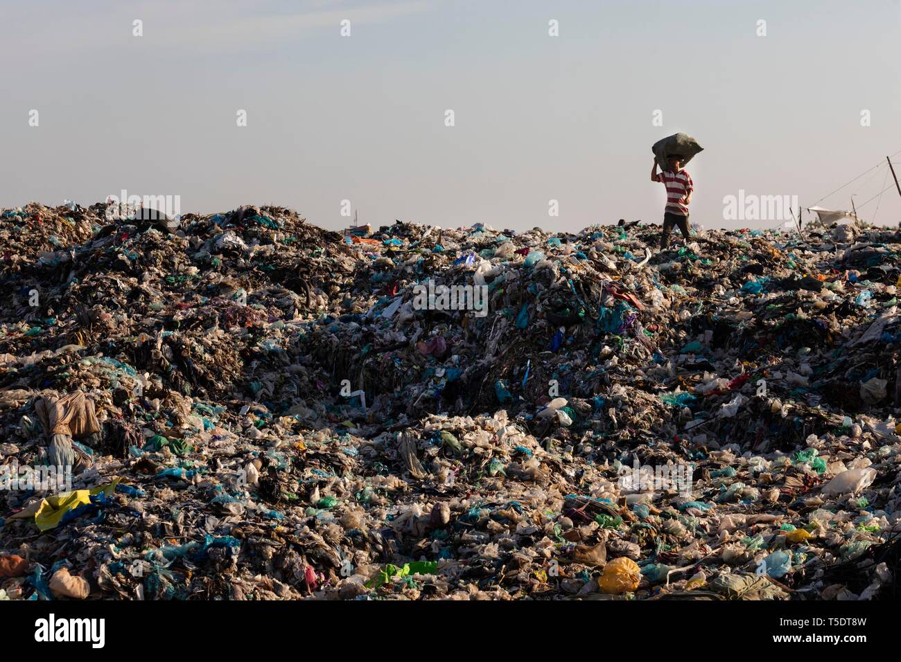 Garbage collector in garbage dump with plastic garbage, Choeung Ek ...