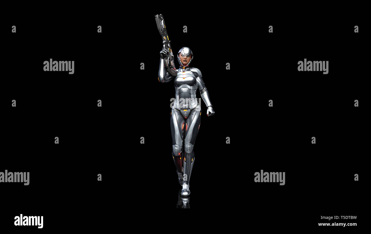 Futuristic android soldier woman in bulletproof armor, military cyborg ...