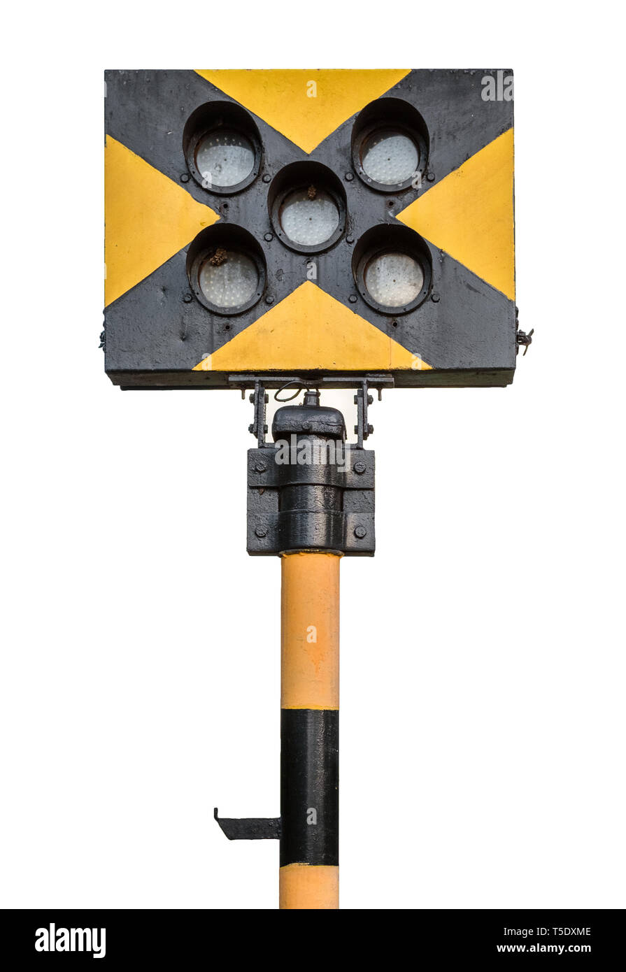 Pillar signal cross black and yellow in railway,isolated on background ...