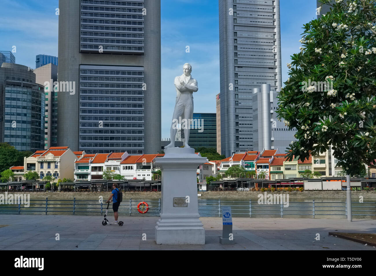Statue of Sir Stamford Raffles at Raffles Landing Site, opposite Boat Quay, by the Singapore ...