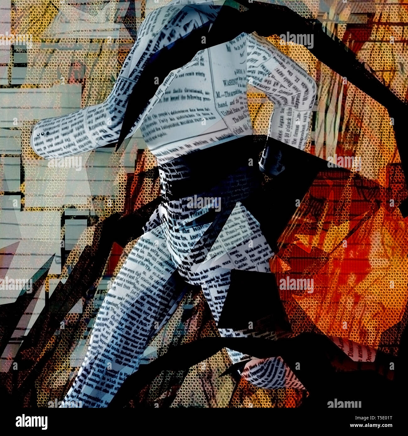 Abstraction. Figure of paper man. Stains and brush strokes at the ...