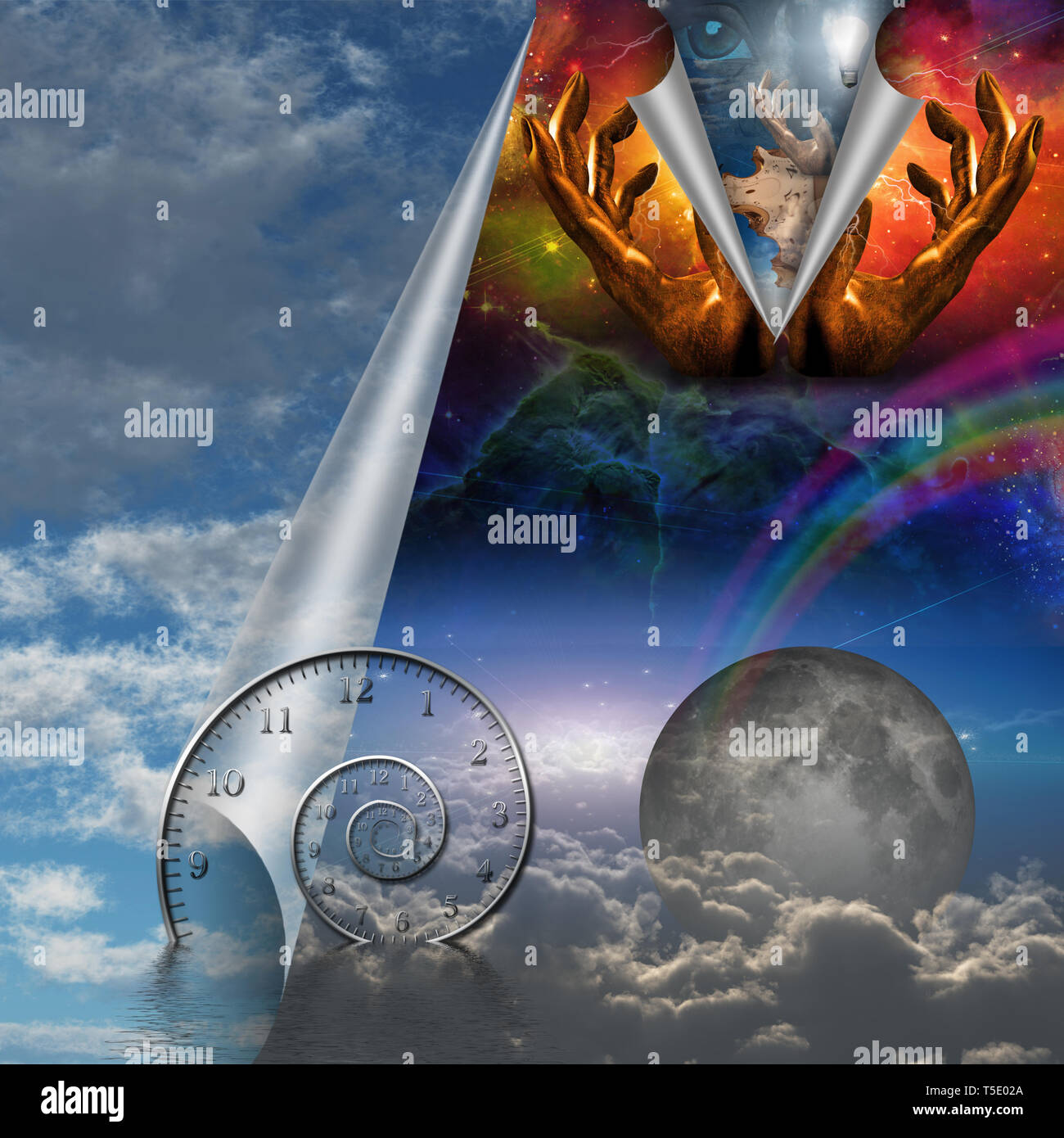 Surrealism. Moment of creation. Hands of God in the sky Stock Photo - Alamy