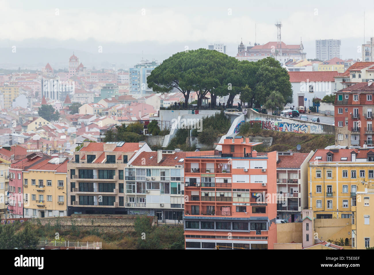 Aerial view from Castelo de Sao Jorge viewing point in Lisbon city ...