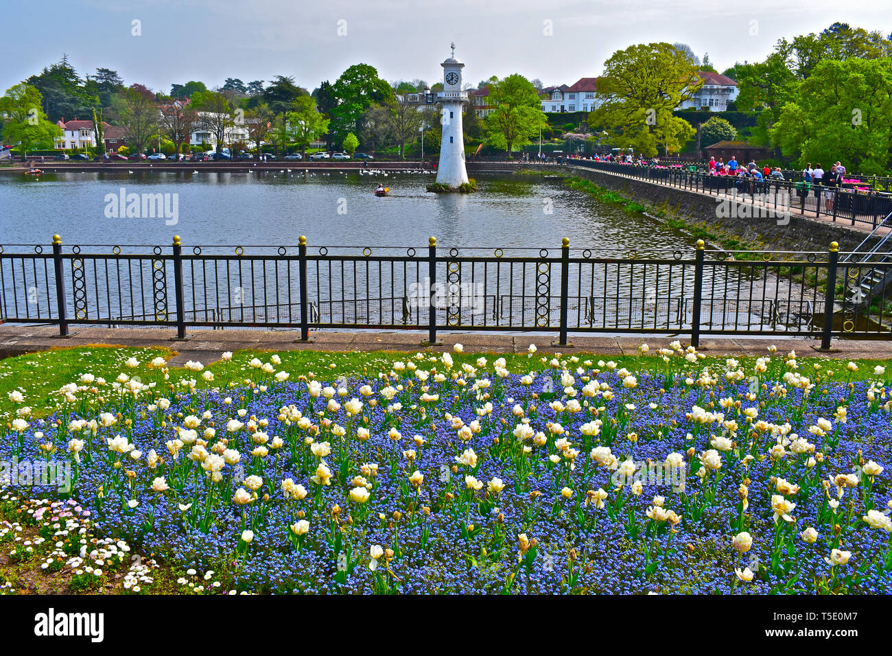 View across Roath Park Lake, Cardiff, towards the Scott Memorial Clock ...