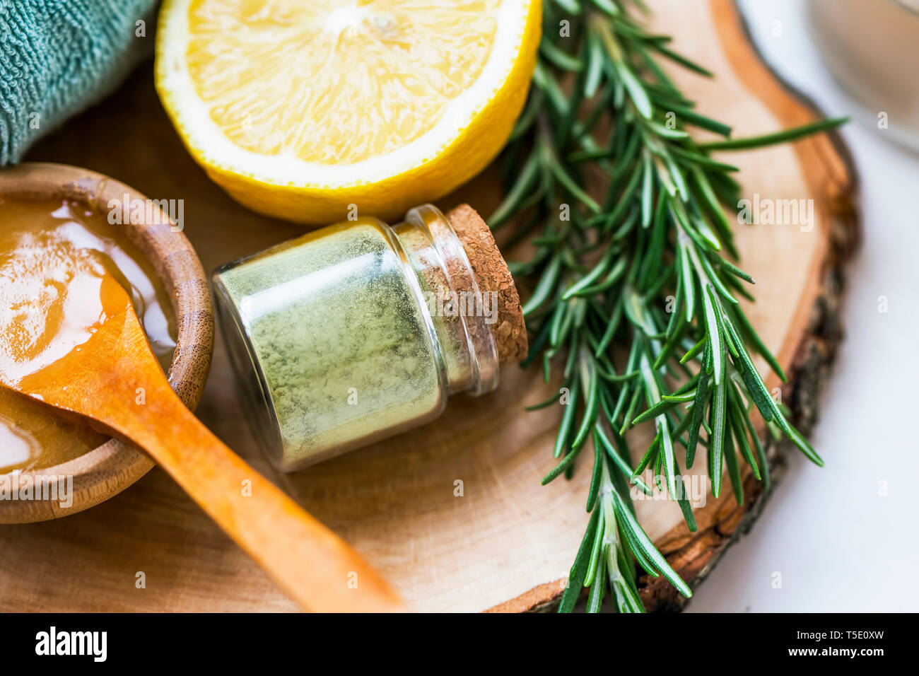 Natural organic spa ingredients with manuka honey, clay powder, lemon ...