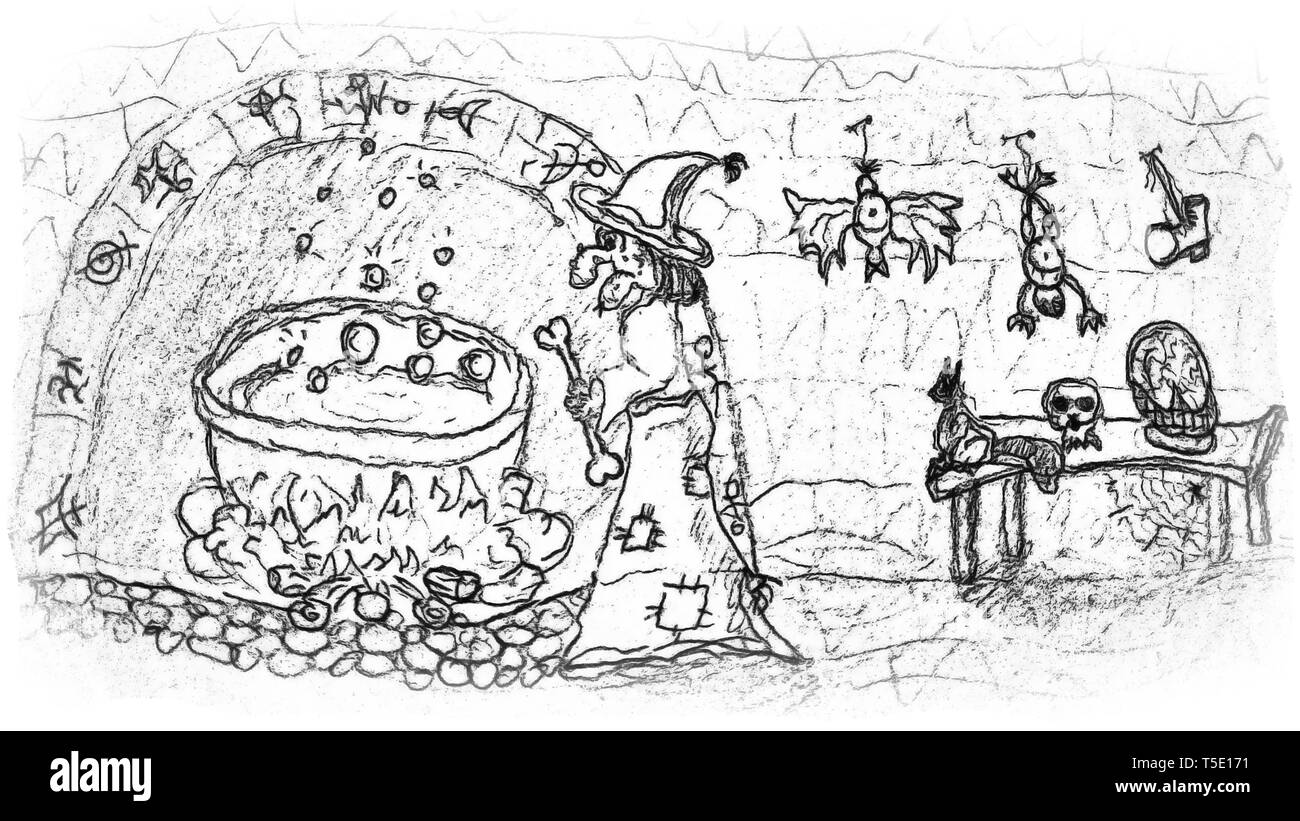 Witch and Cauldron. Hand Pencil Drawing Sketch Illustration Stock Photo ...