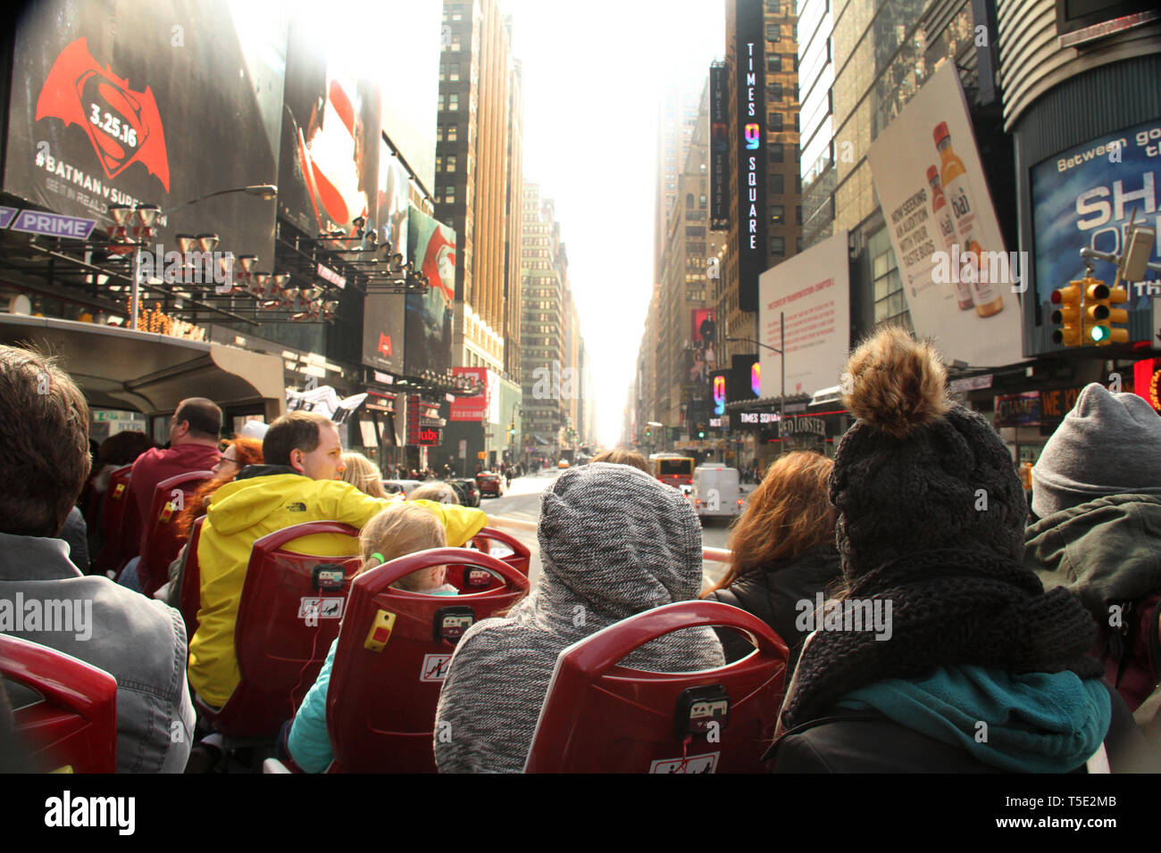 Tourists in double-decker tour bus on W 41st St in Times Square ...