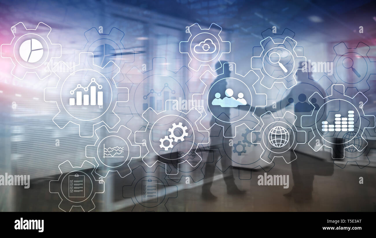 Business process abstract diagram with gears and icons. Workflow and ...