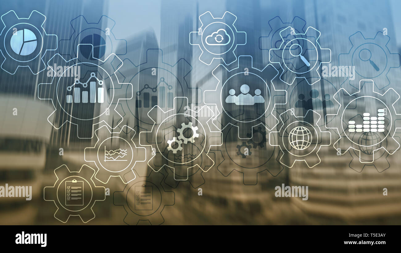 Business process abstract diagram with gears and icons. Workflow and ...