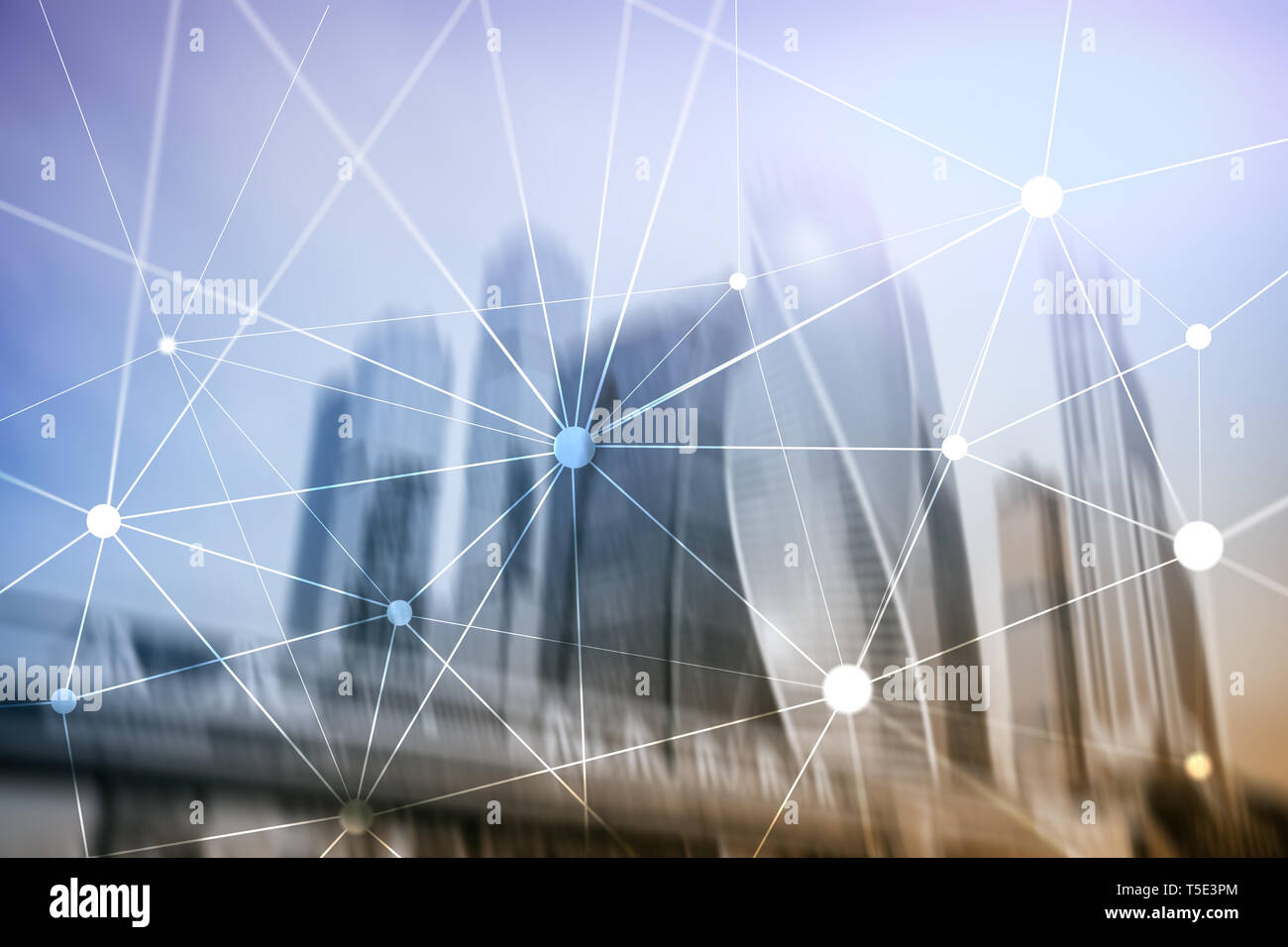 Blockchain network on blurred skyscrapers background. Financial ...