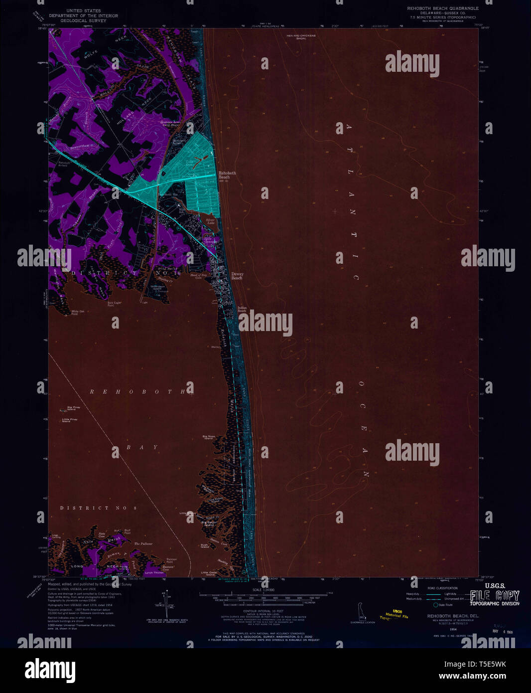 USGS TOPO Map Deleware DE Rehoboth Beach 255630 1954 24000 Inverted ...