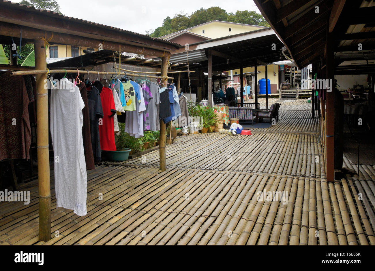 Laundry drying in communal area of Bidayuh tribal longhouse, Kampung ...