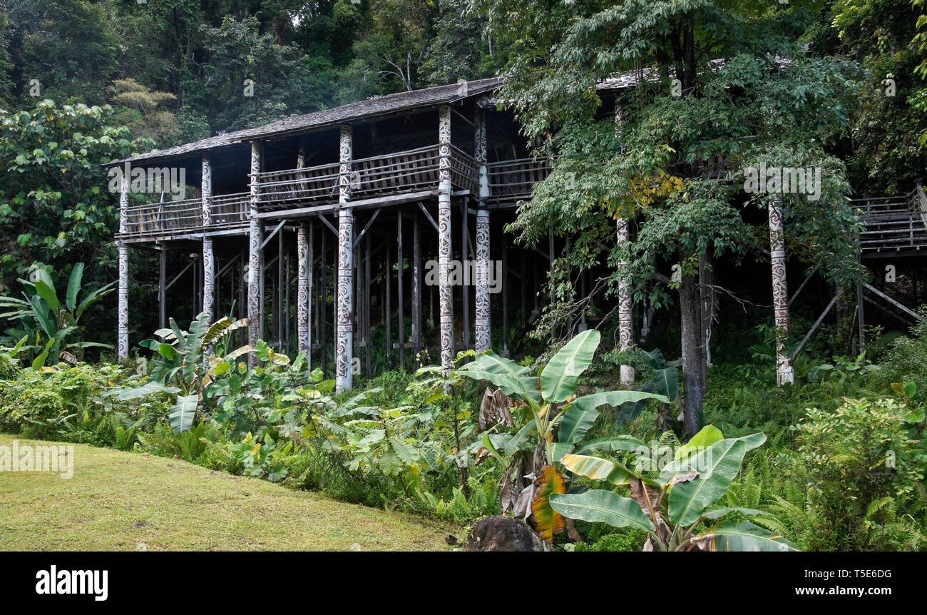 Replica traditional wood and thatch house of Orang Ulu tribe, Sarawak ...