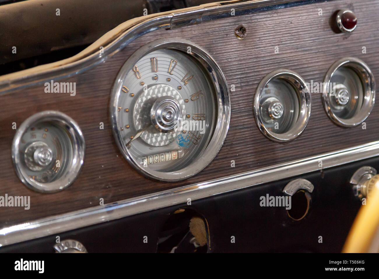 Vintage retro car dashboard with analog speedometer, tachometer and ...