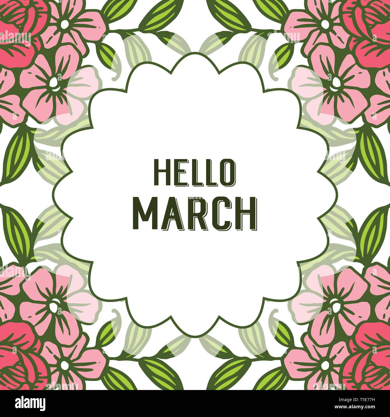 Vector illustration various lettering hello march with wreath frame ...