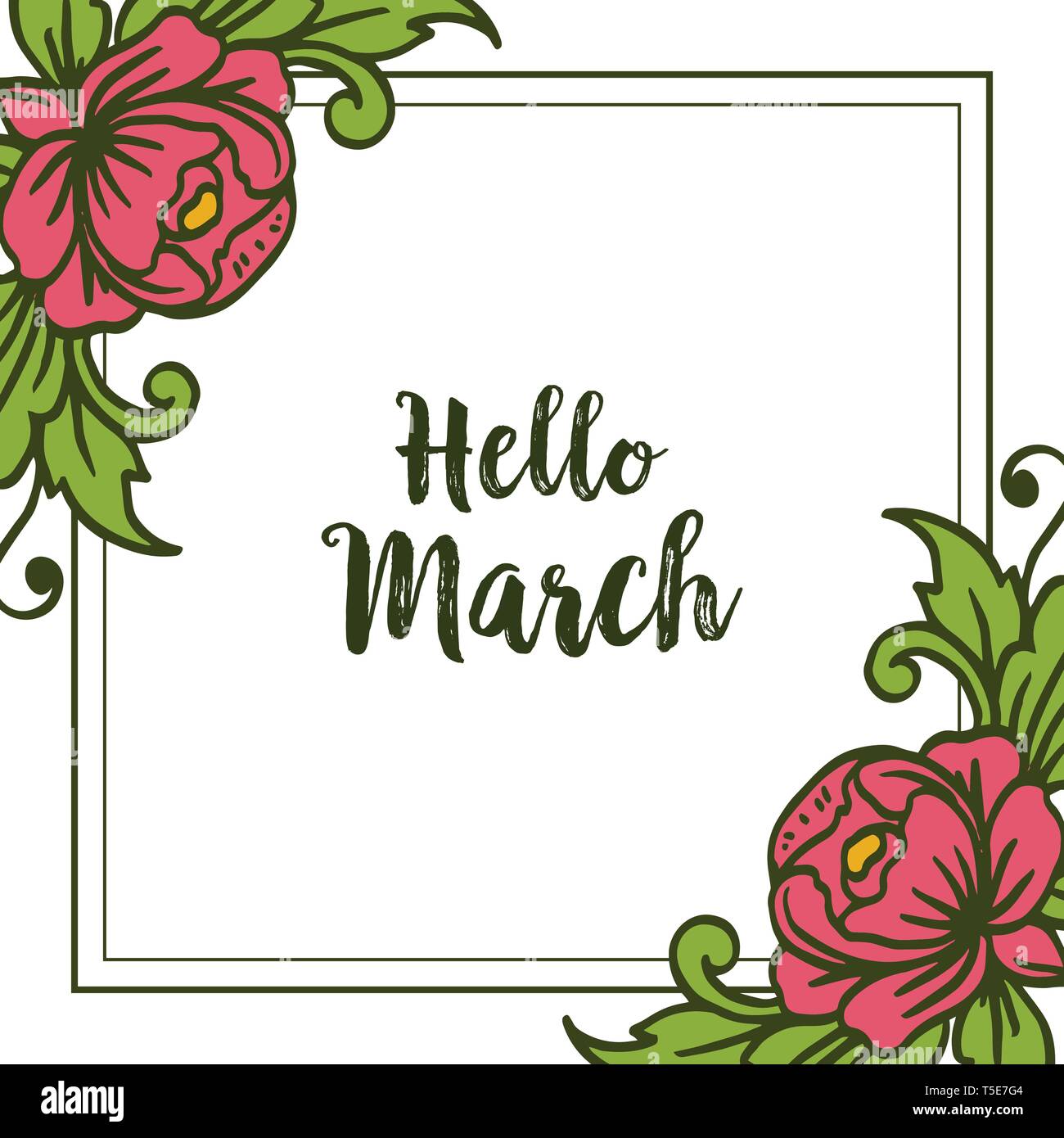Vector illustration drawing hello march with wreath frame hand drawn ...